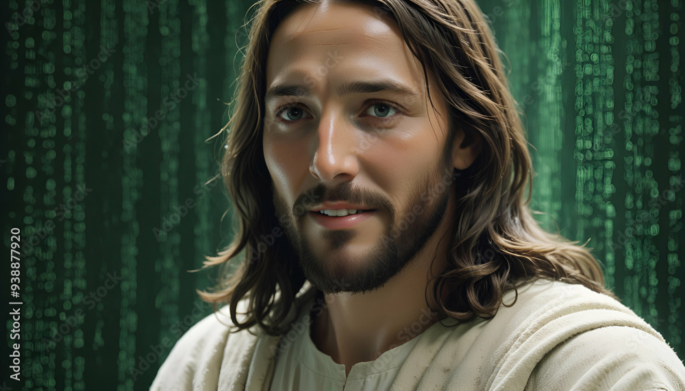 Divine Serenity Jesus Christ Gazes at the Matrix Code with a Kind Smile ...