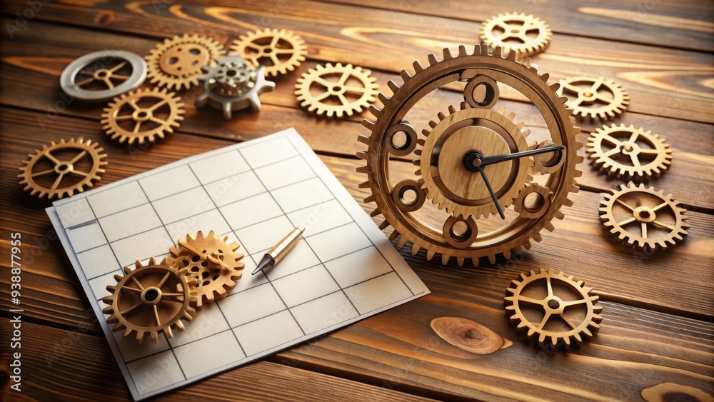 .Clock and gears intertwined with a calendar and paper notes on a ...