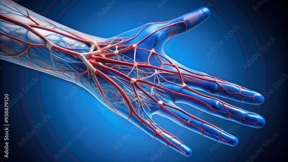 Close-up of a human hand with prominent blue veins visible under the ...