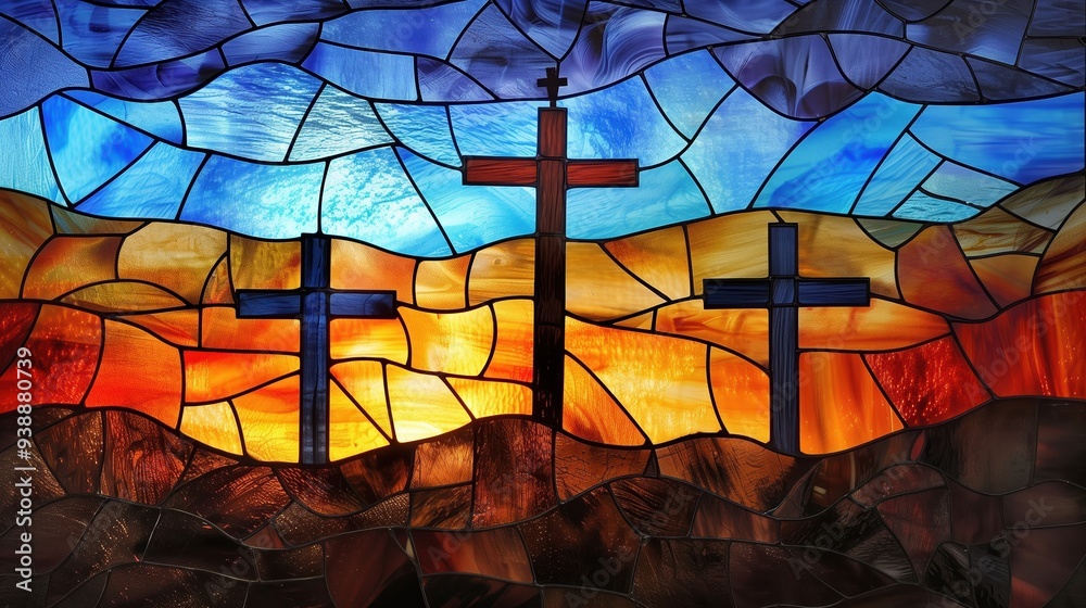 Stained Glass Window Depicting Three Crosses at Sunset with Vibrant ...