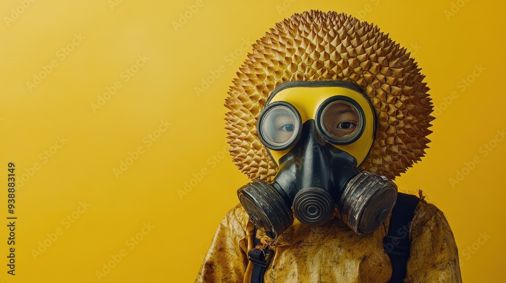 Durian wearing a gas mask, standing proudly on a hazard yellow ...