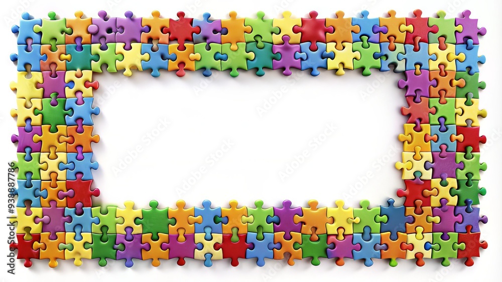 Colorful jigsaw puzzle pieces form a decorative border around a blank ...