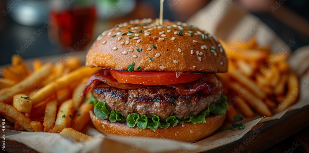 person holding up two different burgers with fries on the tray below ...