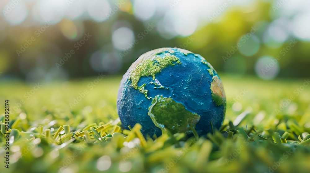 Mini green earth planet globe with world map with green grass. Earth ...