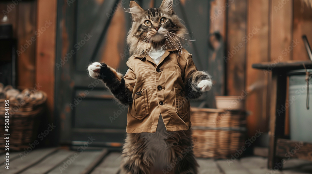 A Maine Coon dressed in a jacket stands on its hind legs in a wooden ...