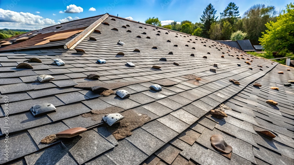 Damaged asphalt shingles with holes and dents on a residential roof ...