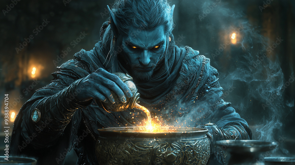 focused drow sorcerer performing a powerful alchemical ritual in a ...