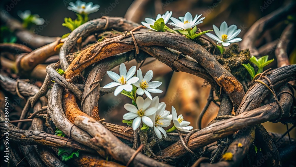 Delicate white flowers bloom among tangled, twisted thorns of a ...