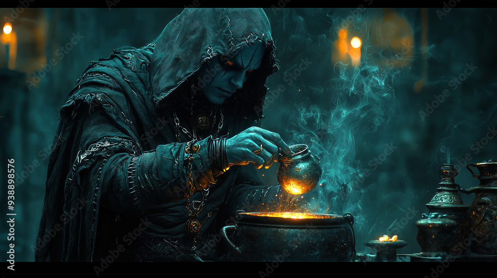 hooded drow warlock mixing potions in a dimly lit dungeon with a ...
