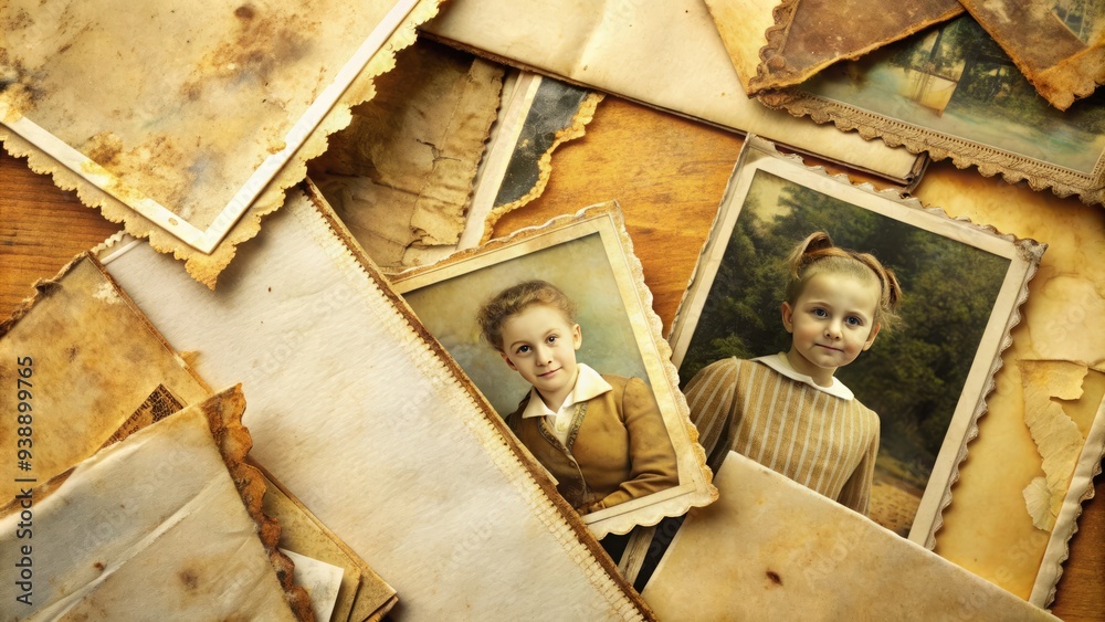 Distressed, worn, and torn vintage photo corners with faded creases ...