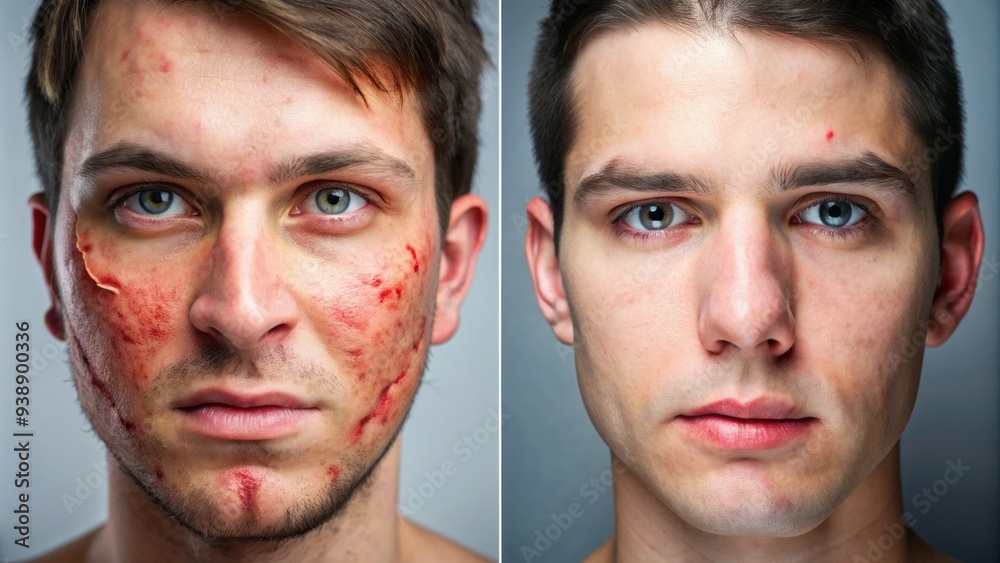 Dramatic before-and-after comparison of a severe facial scar, with a vivid red and inflamed mark ...
