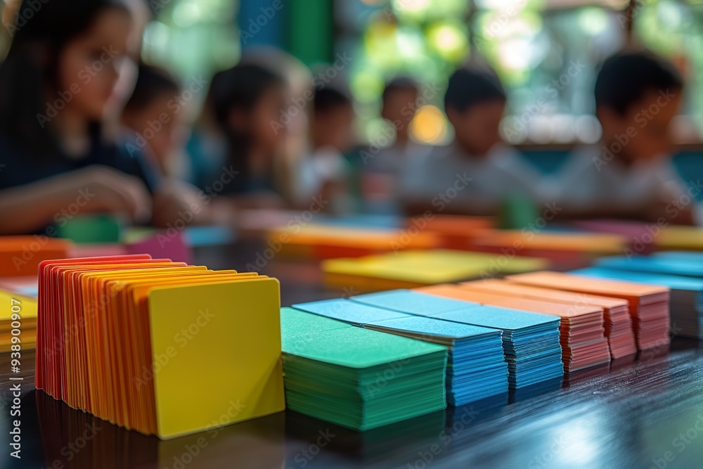 Document a teacher using flashcards to help students learn new ...