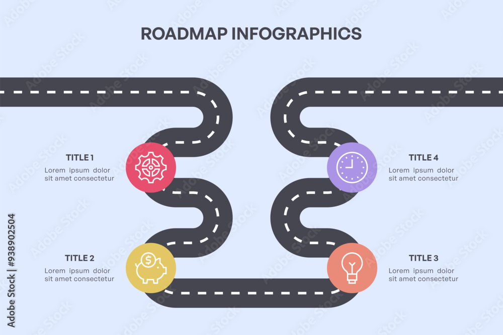 Simple 4-Node Roadmap Infographic with Curved Path and Colorful Icons ...
