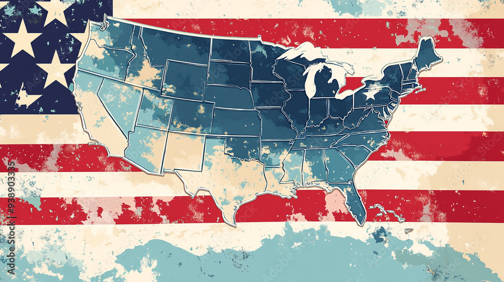 A vintage-style map of the United States merged with the American flag ...