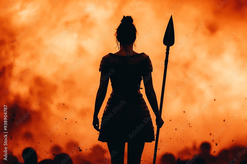 Amazonian warrior queen with a spear, standing on a battlefield of ...