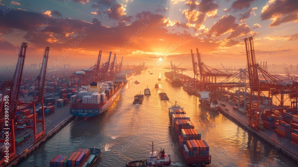 A bustling seaport with several cargo ships and giant cranes working ...