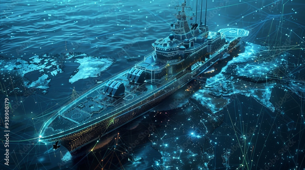 A highly detailed digitally rendered naval ship is shown overlaid on an ...