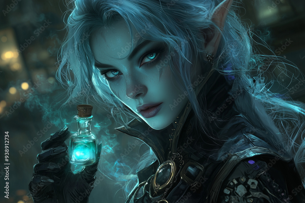 elven sorceress holding a glowing blue potion in a darkened alchemy ...