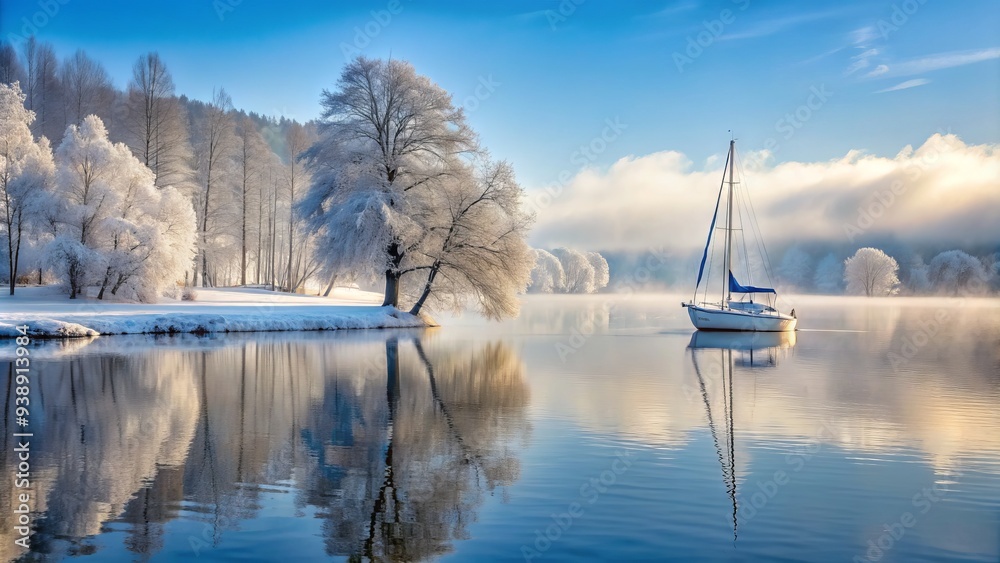 Frozen lake with snow-covered trees and misty atmosphere, a lone ...