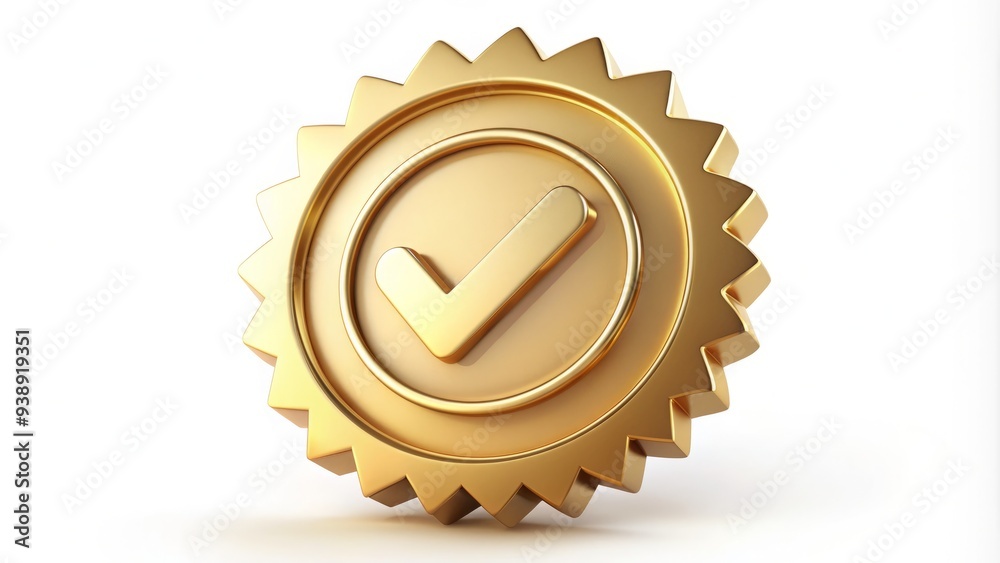 Golden seal with checkmark symbol on white background, representing ...