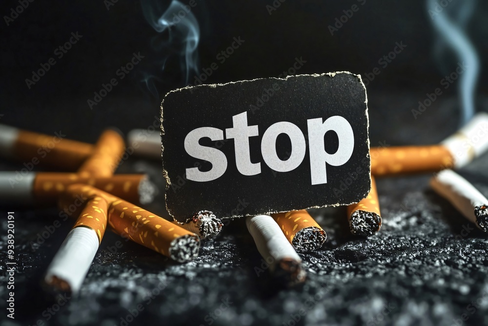 Pile of cigarettes with smoke rising and a black stop sign ...