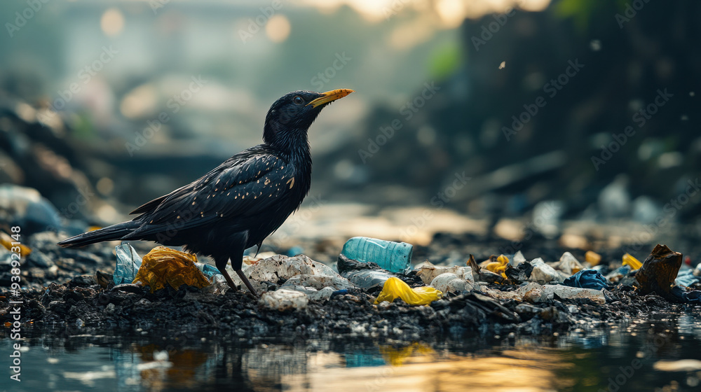 Bird Plastic Pollution, A bird surrounded by plastic waste near a ...