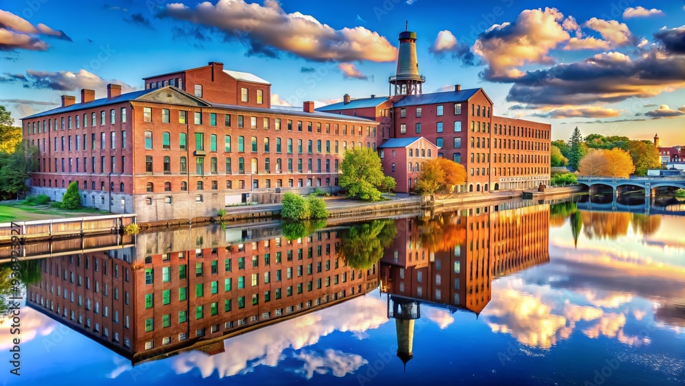 Historic mill buildings line the Merrimack River in Lowell ...