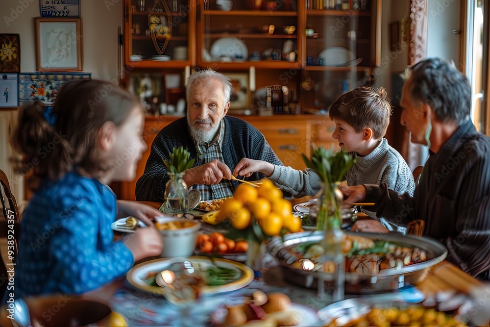 Jewish family with children and grandparents sharing a meal in a warm ...