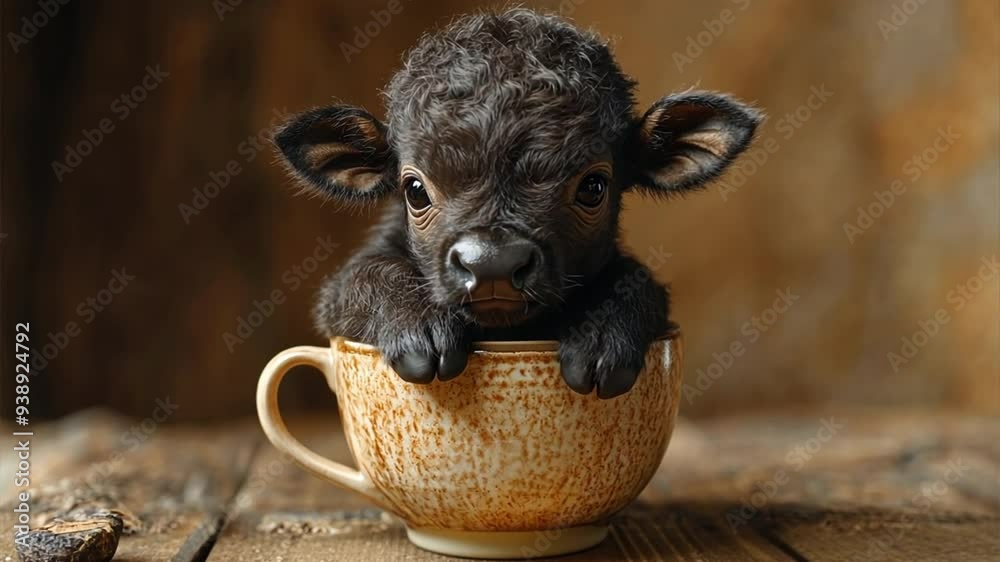 Tiny Calf in Teacup: A heartwarming image of a tiny black calf peeking ...