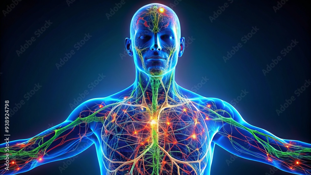 Illuminated 3D illustration of human lymphatic system, showcasing ...