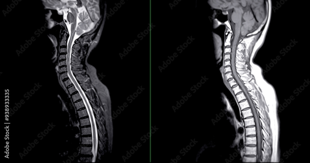 MRI of C-spine or magnetic resonance image of cervical spine sagittal ...