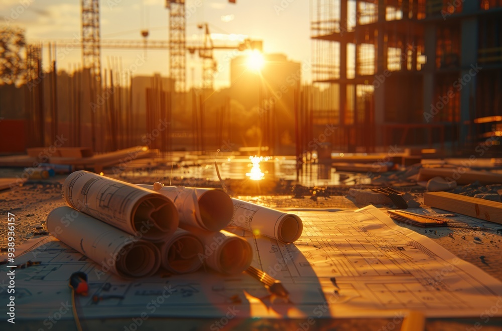 Blueprints and tools lay on the ground as the sun sets behind the ...