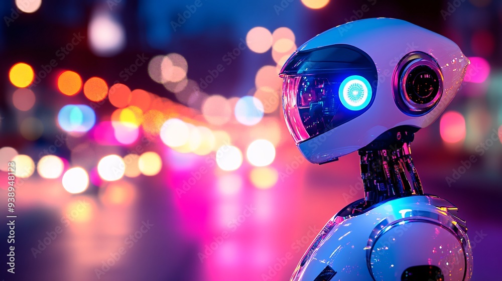 A robotic police officer in full uniform patrolling a city at night ...