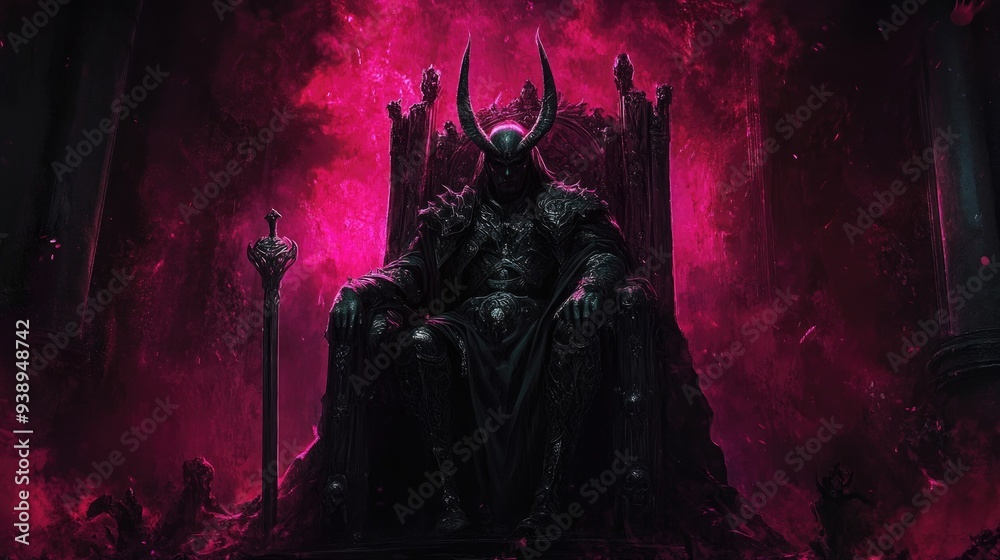 Dark king sitting on throne with sword in fantasy hell Stock ...