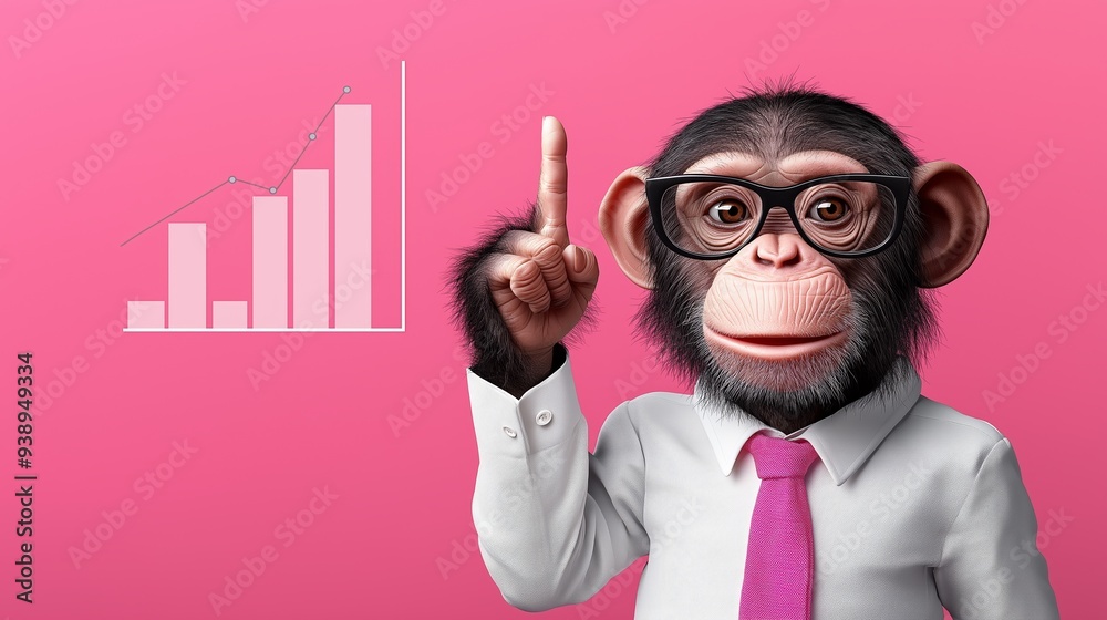A monkey wearing glasses and a pink tie points to a graph. The monkey ...