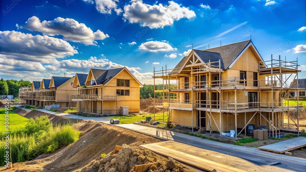 New suburban development with multiple homes under construction, wooden ...