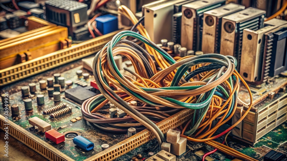 Old computer motherboard with dusty serial port connectors and tangled ...