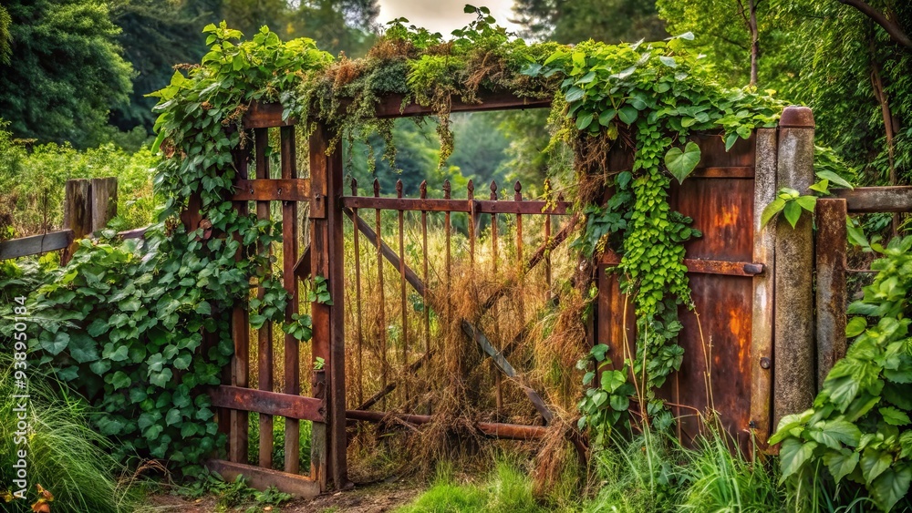 Old, rusted gate hangs crookedly from a worn, wooden fence, surrounded ...