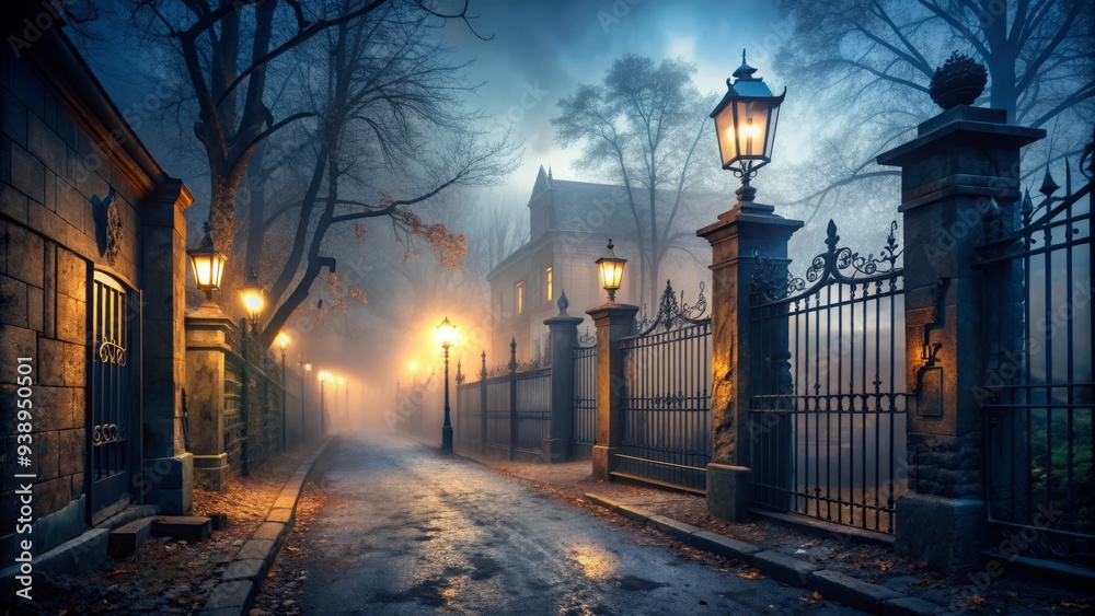 Ominous fog envelops a deserted, crumbling town street lined with eerie ...