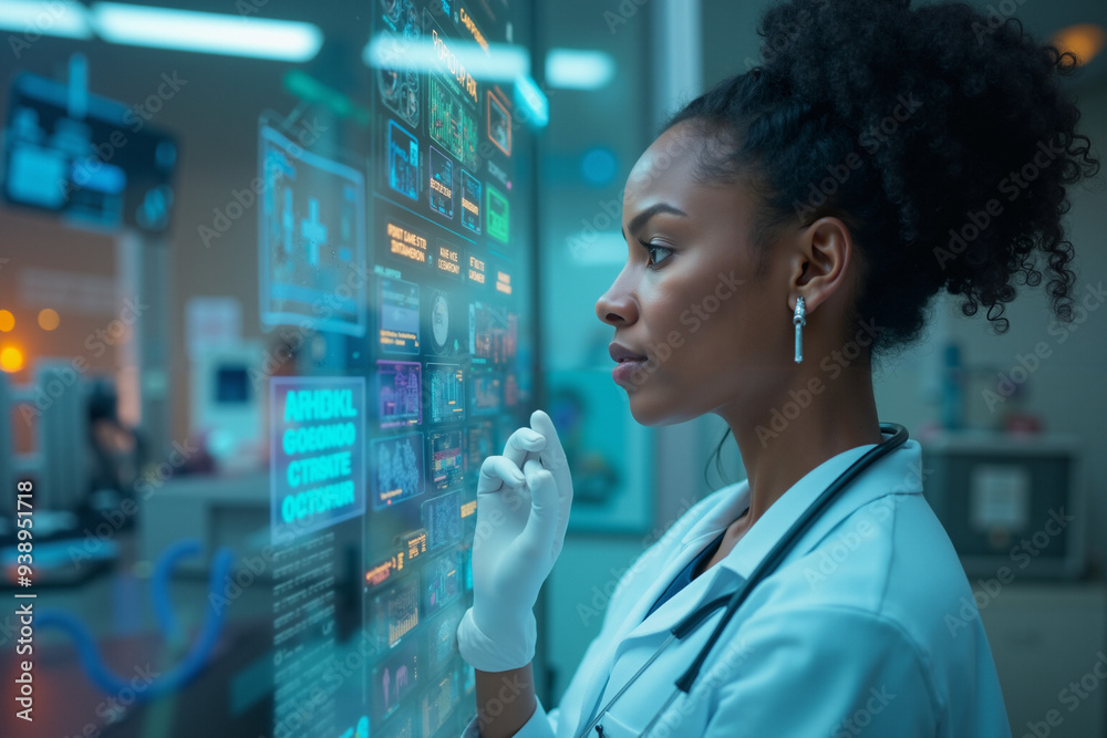Confident Black Female Doctor Analyzes AI Healthcare Data: Futuristic ...