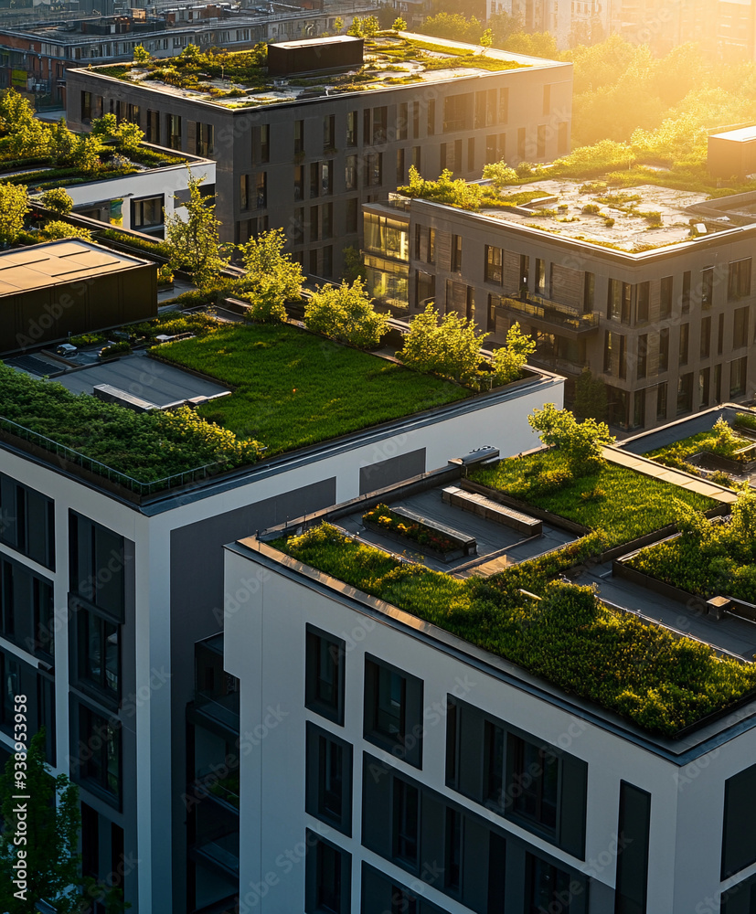 urban community with interconnected green roofs, rainwater harvesting ...