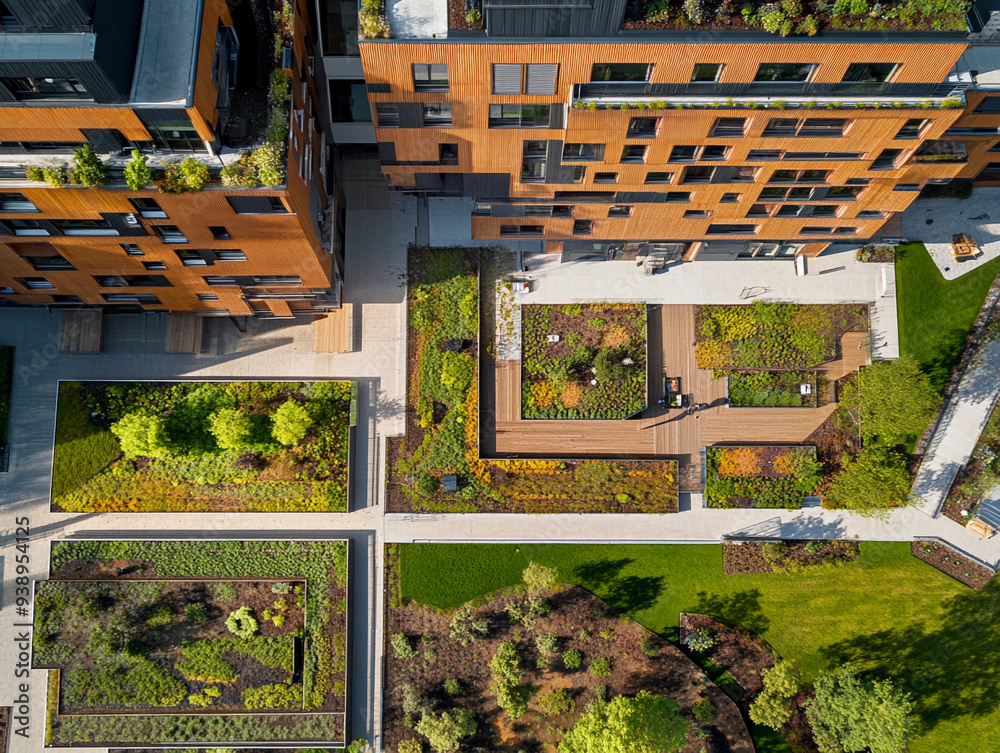 urban community with interconnected green roofs, rainwater harvesting ...