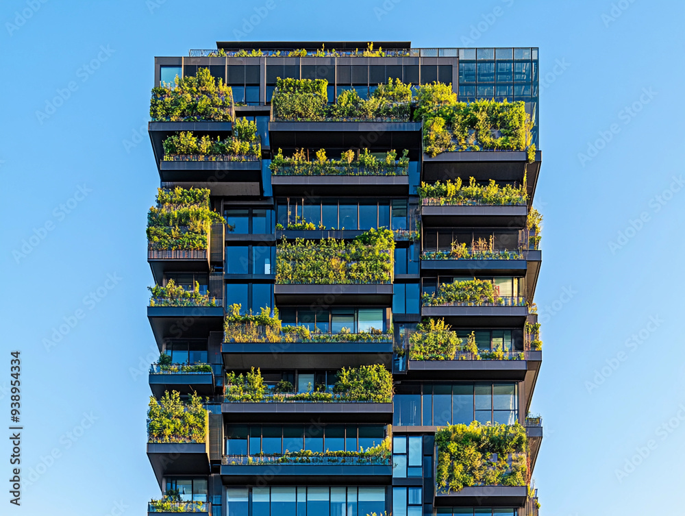 Urban skyscraper with a green facade composed of cascading plant ...