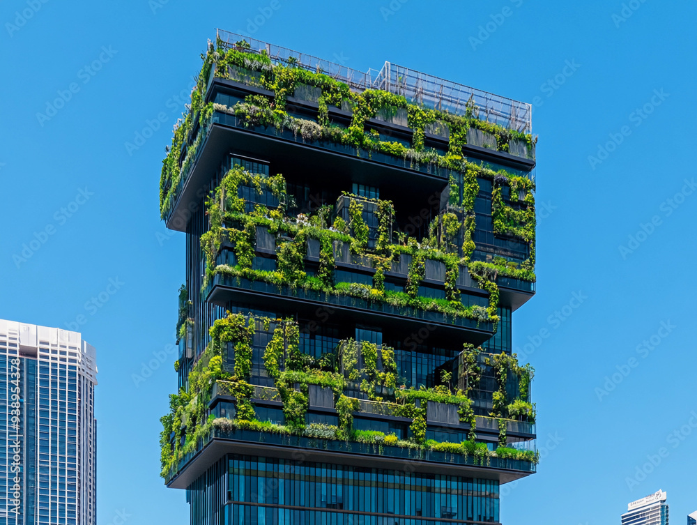 Urban skyscraper with a green facade composed of cascading plant ...