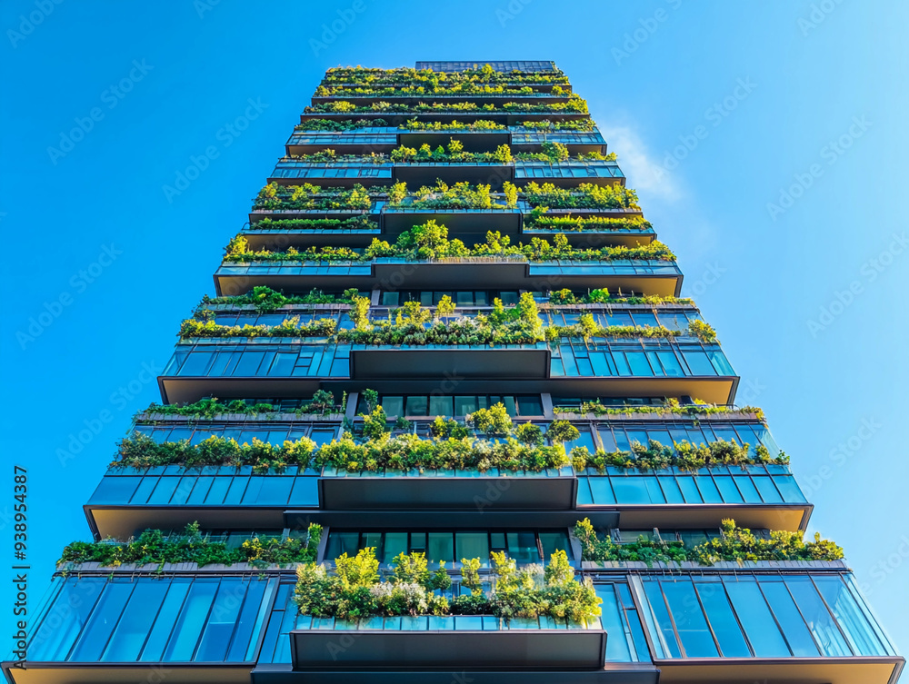 Urban skyscraper with a green facade composed of cascading plant ...