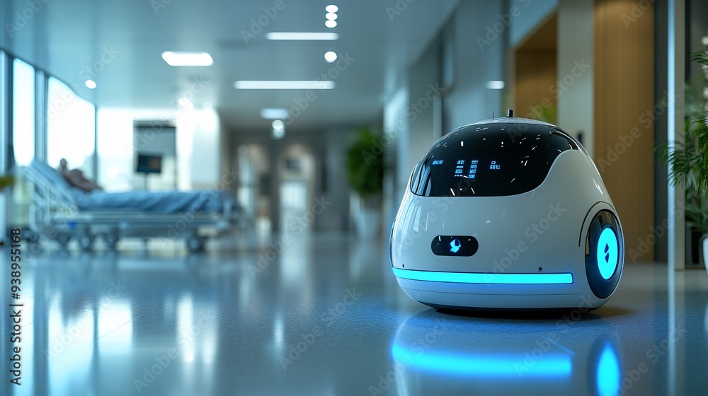 A futuristic nursebot in a uniform caring for a patient in a sleek high ...