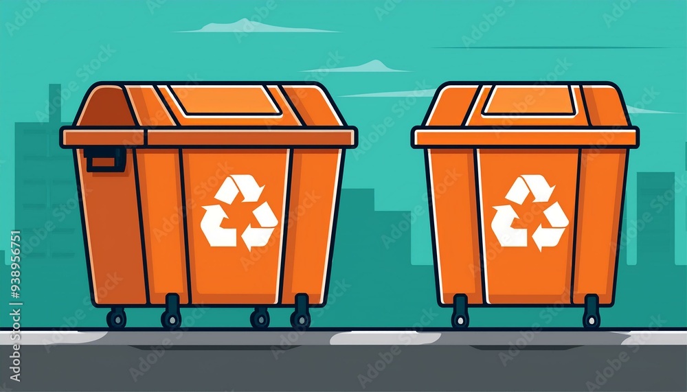 Open and closed orange trash bins with recycle symbols, flat style ...