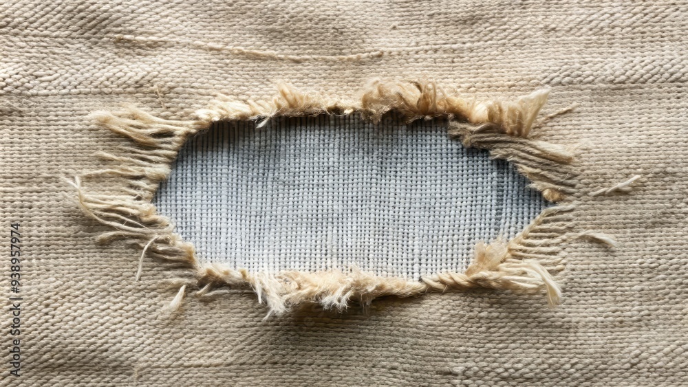 Ripped and frayed fabric with a prominent hole and torn threads ...