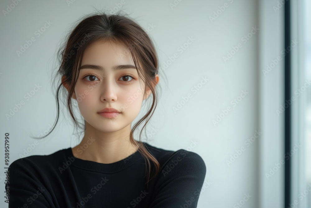 Japanese female model in standing and thinking pose, simple background ...
