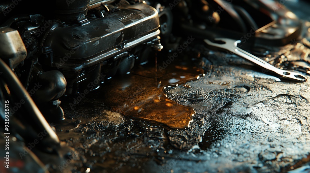 A close-up view of a car engine with oil leaking onto the ground ...